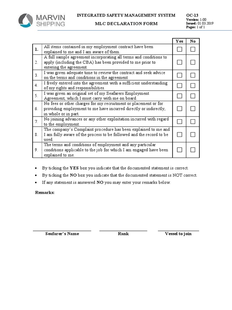 OC-13 Rev.1-00 MLC Declaration Form | PDF