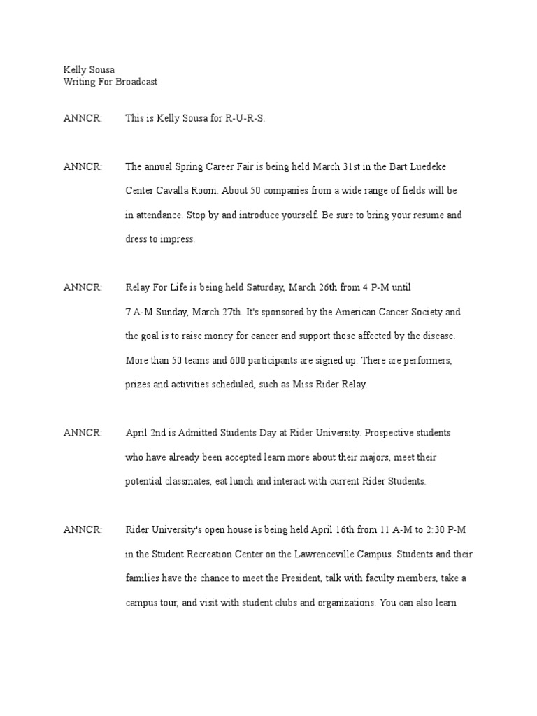 2 Minute Radio Newscast Script | PDF | Leisure | Sports