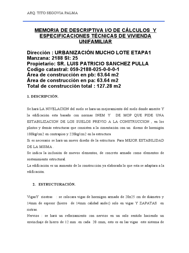 Especificaciones Técnicas Vivienda Unifamiliar | PDF | Hormigón | Fundación (Ingeniería)