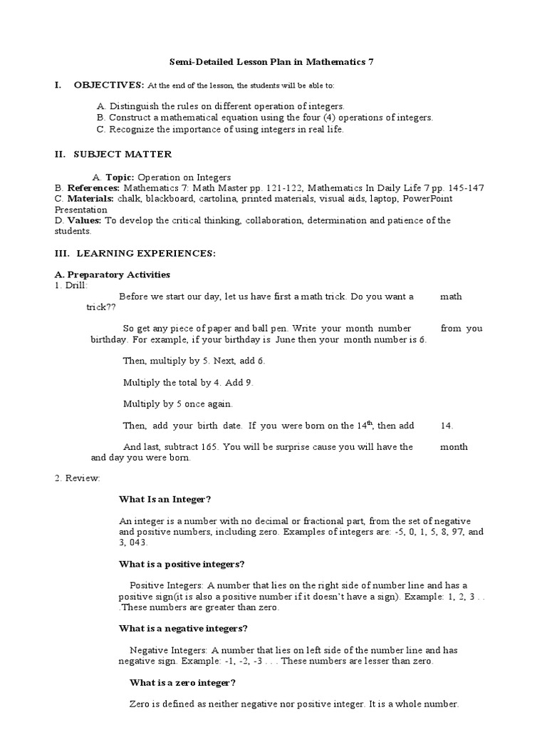 Semi-Detailed Lesson Plan (OperationOfIntegers) - ZozobradoBSEDMath4A ...