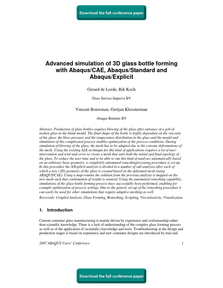 Advanced Simulation of 3D Glass Bottle Forming With Abaqus/CAE, Abaqus ...