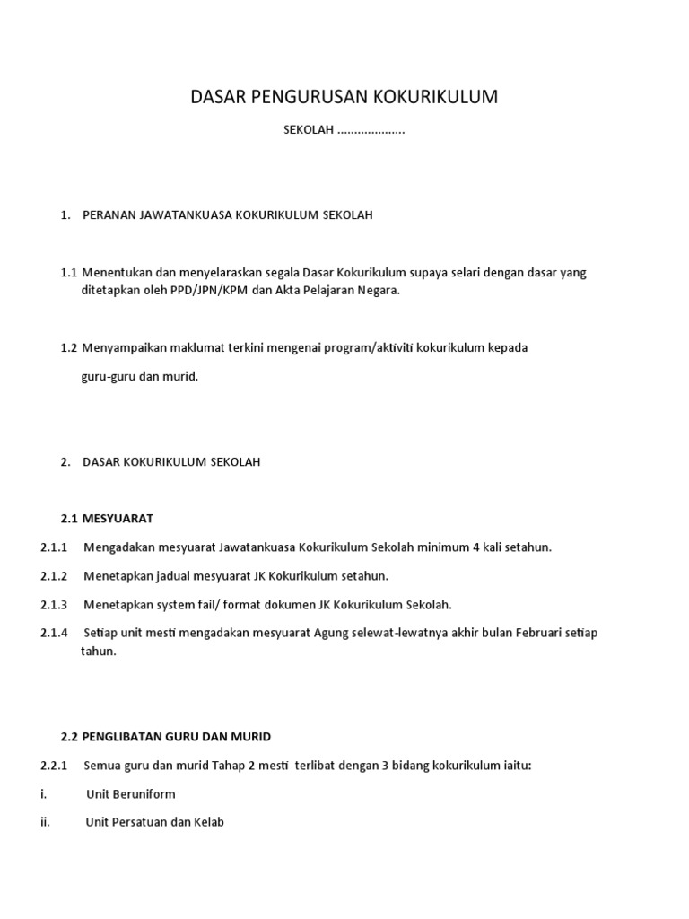 Contoh Ketetapan Pengurusan Kokurikulum | PDF