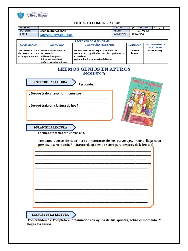 Ficha - Leemos La Obra Genios en Apuros | PDF | Cognición | Aprendizaje