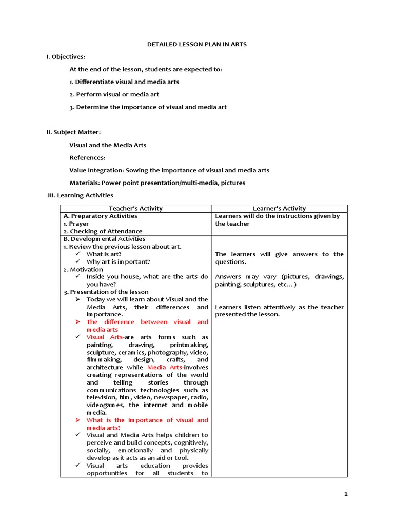 Visual and Media Arts Lesson | PDF | Cognition | Psychological Concepts