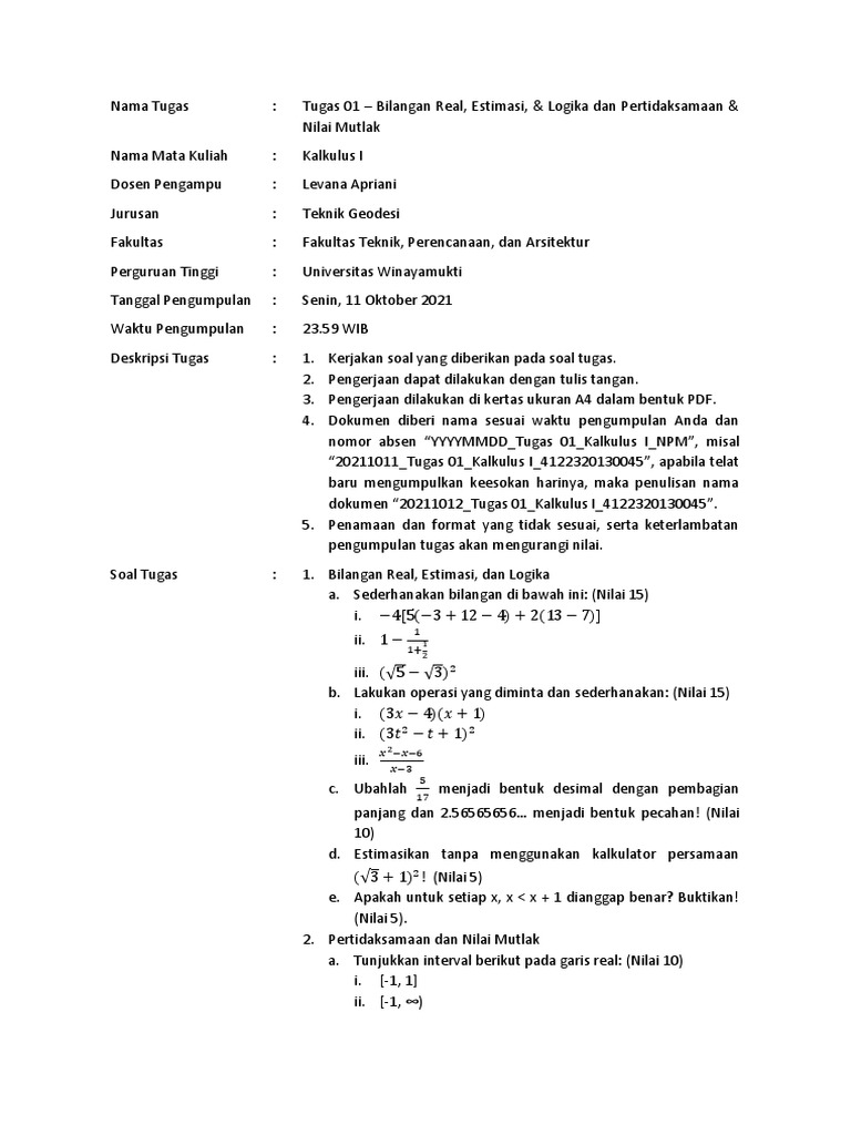 Tugas 01 - Kalkulus I | PDF
