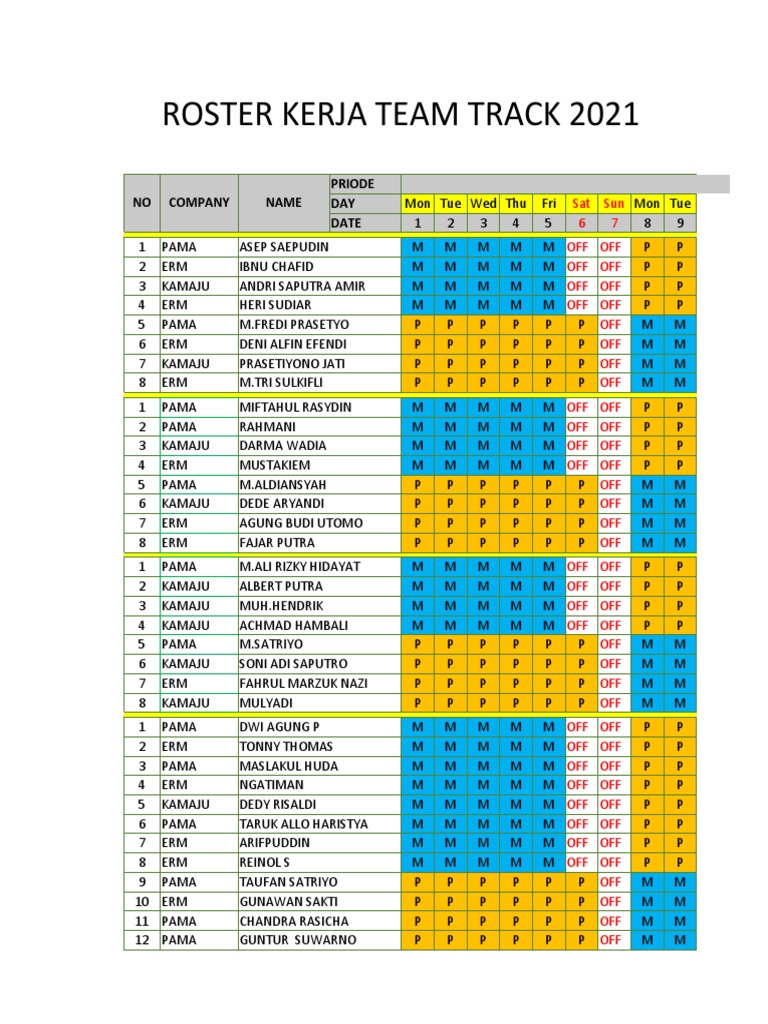 Roster Kerja Team Track 2021: NO Company Name Priode DAY Date | PDF