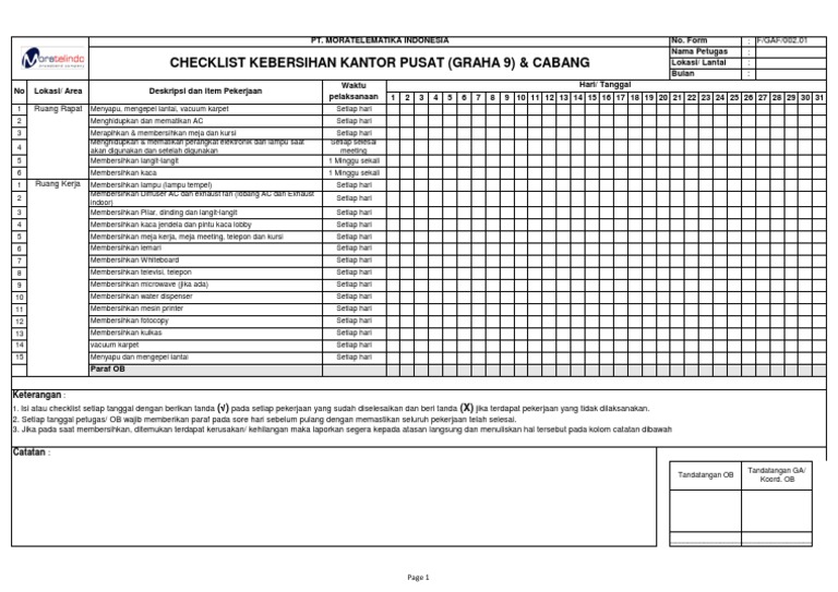 Checklist Kebersihan Ruangan Kantor | PDF