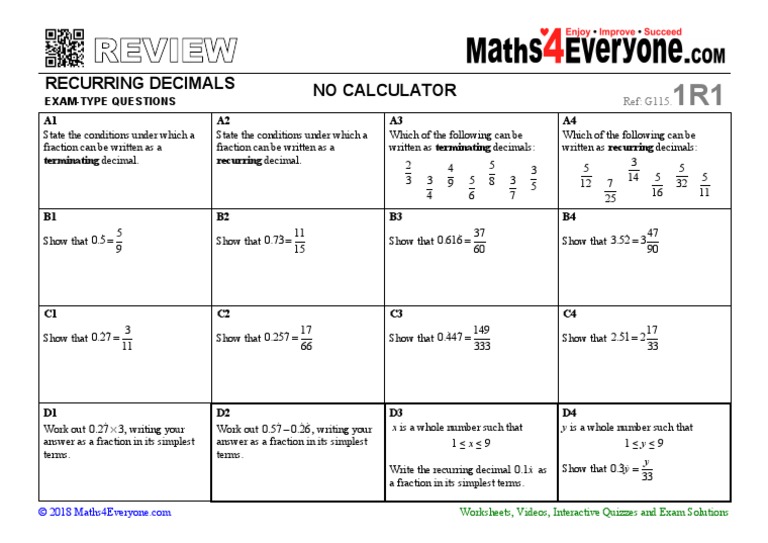 Recurring Decimals No Calculator: Exam-Type Questions A1 A2 A3 A4 | PDF