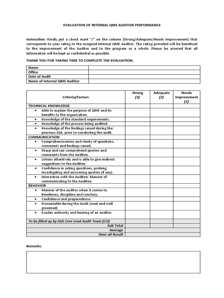 EVALUATION OF INTERNAL QMS AUDITOR PERFORMANCE - Template | PDF | Audit ...