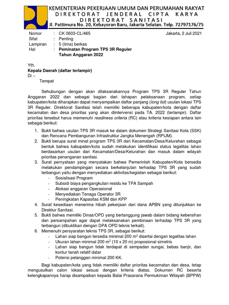 Surat Peminatan TPS 3R Reguler TA. 2022 | PDF
