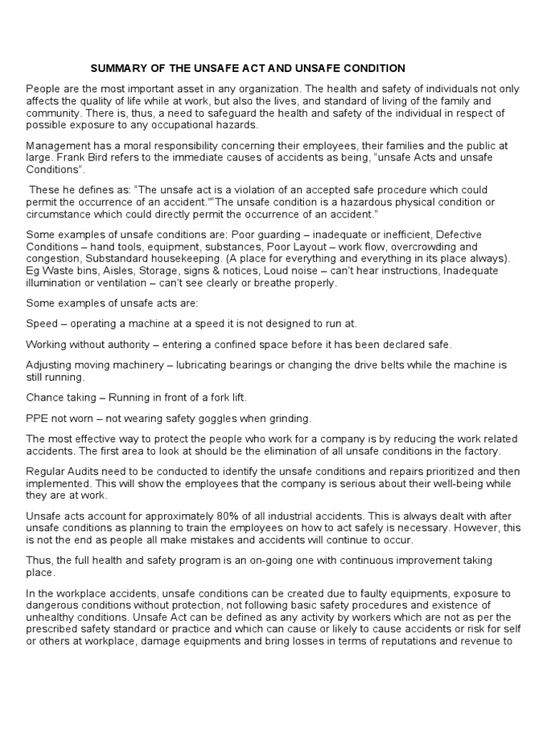 Summary of Unsafe Act and Unsafe Condition | PDF | Safety ...