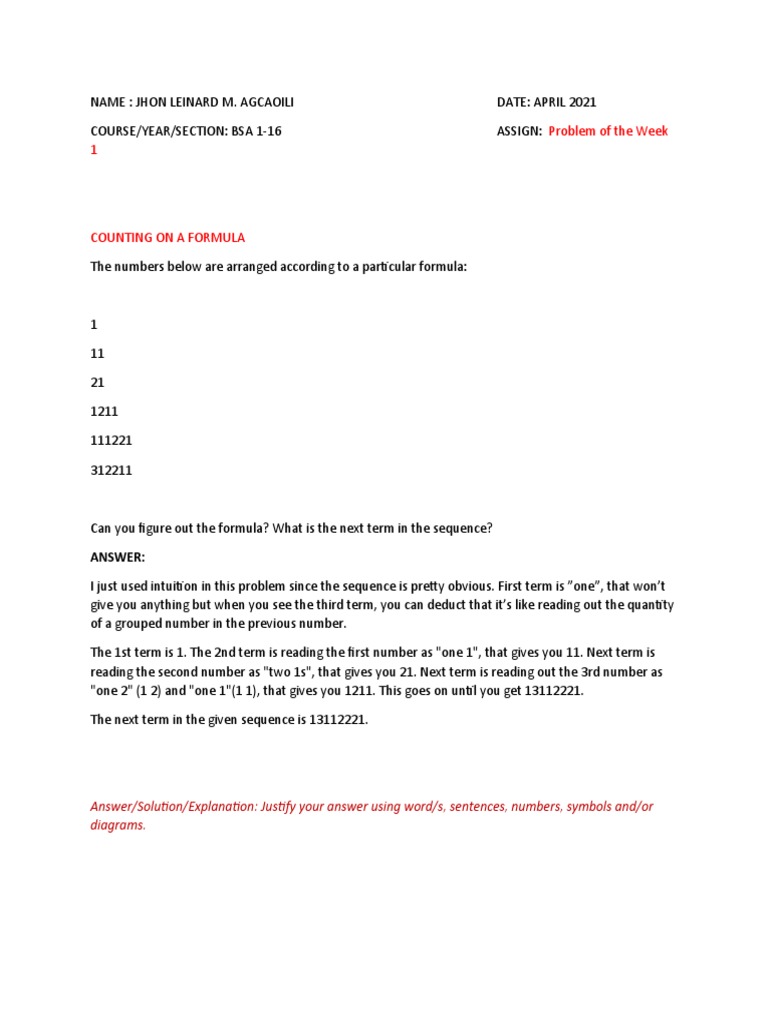 Problem of The Week 1: Answer | PDF | Language Arts & Discipline
