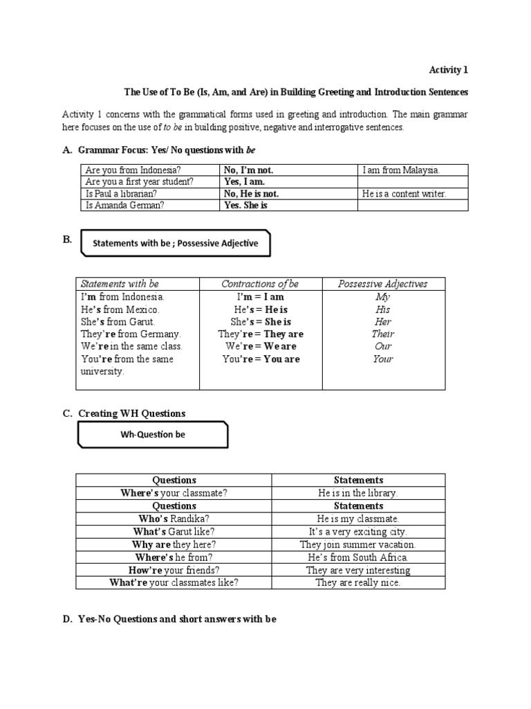 Module 1 The Use of TObe Is Am and Are | PDF | Question | Linguistics