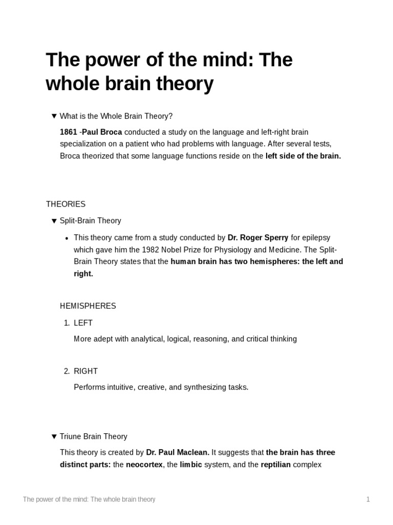 The Power of The Mind The Whole Brain Theory | PDF | Cognition ...
