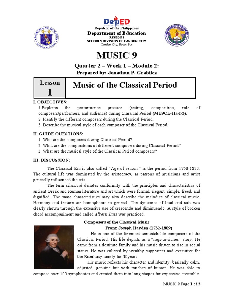 MUSIC 9 Q2 W1 MODULE 2 Music of The Classical Period | PDF | Concerto ...