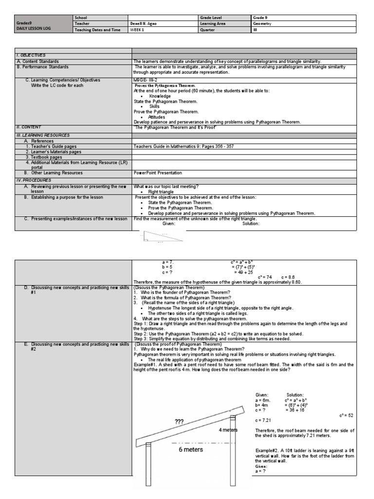 Daily Lesson Plan For Pythagorean Theorem. | PDF | Geometry ...