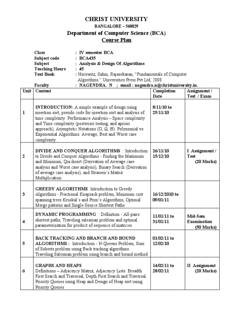 ADA Course Plan NAG | PDF | Time Complexity | Algorithms