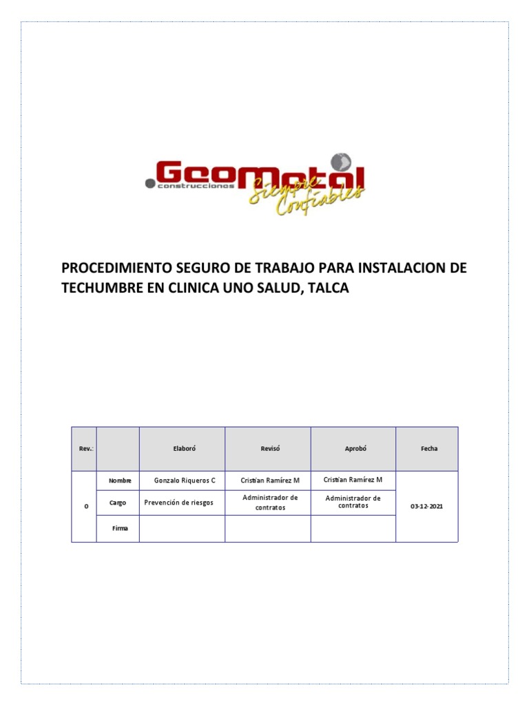 Procedimiento Trabajo Seguro en Instalación de Techumbre | PDF | Soldadura | Construcción