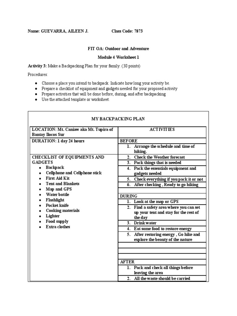 Module 4 Worksheet 1 | PDF | Backpack | Outdoor Recreation