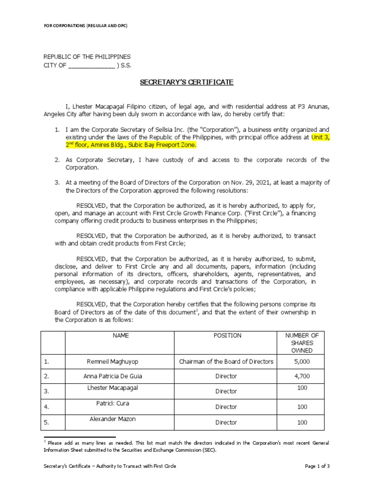 CORPORATION Corporate Secretary's Certificate | PDF | Corporations ...