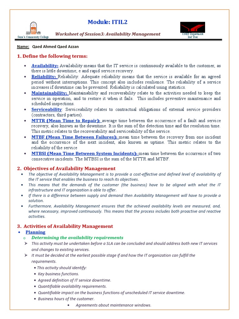 Avaialbility Management Worksheet | PDF | Reliability Engineering ...