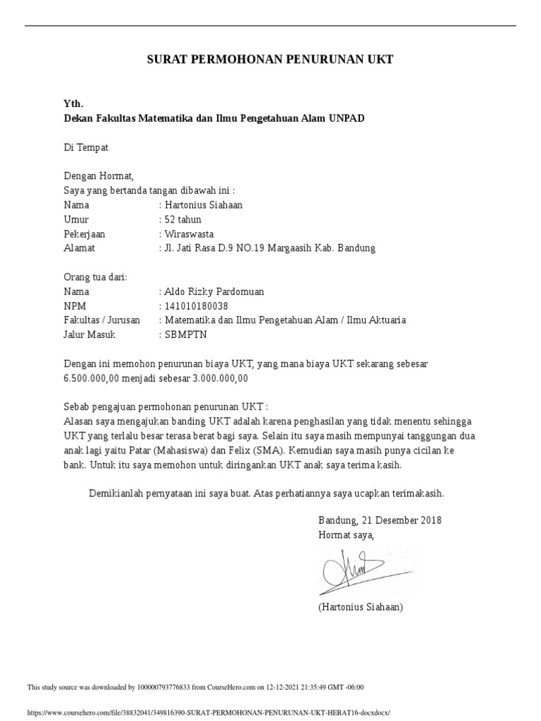 SURAT PERMOHONAN PENURUNAN UKT HEBAT16 Docx | PDF