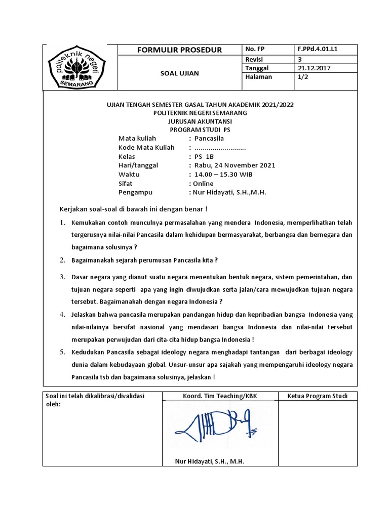 Soal UTS Pancasila - PS 1B - Gasal 2021-2022 | PDF Soal UTS Pancasila - PS 1B - Gasal 2021-2022 | PDF