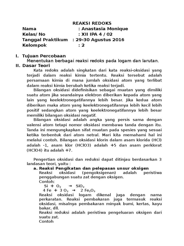 Laporan Praktikum Reaksi Redoks Kimia | PDF