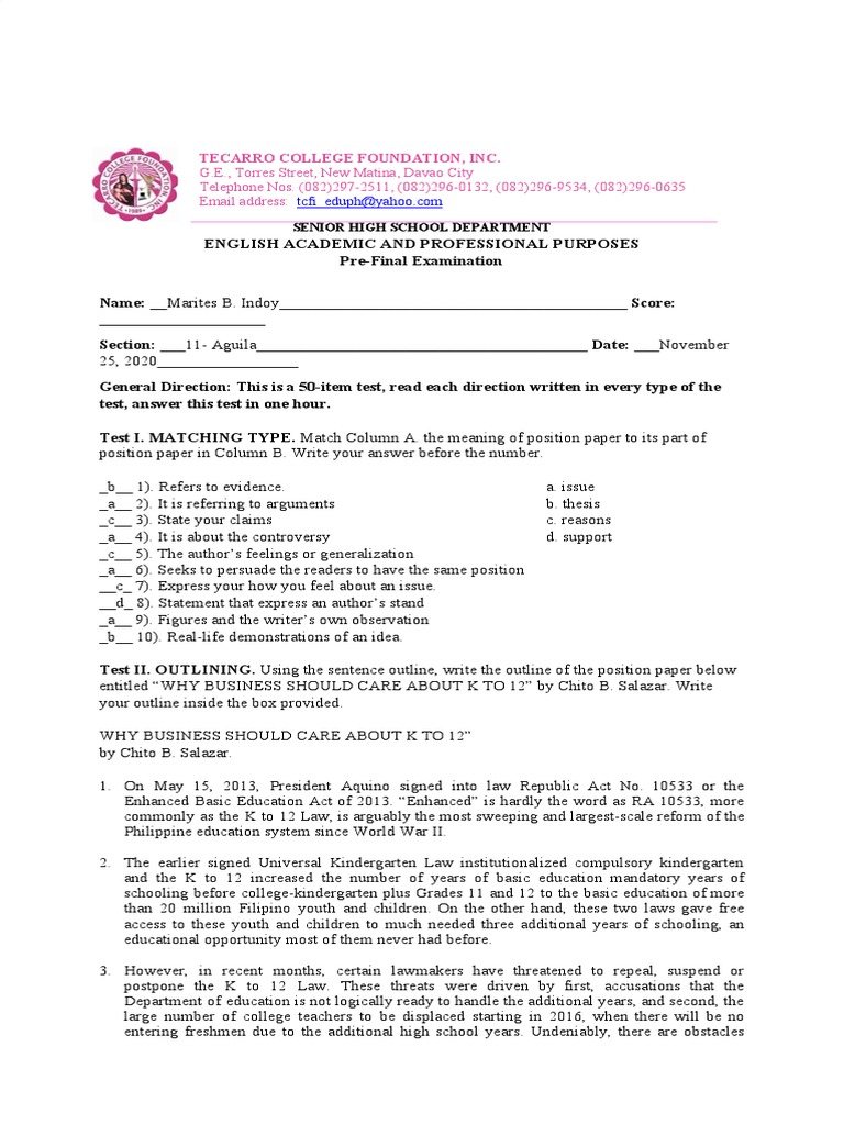 (Template) English Prefinal Exam | PDF