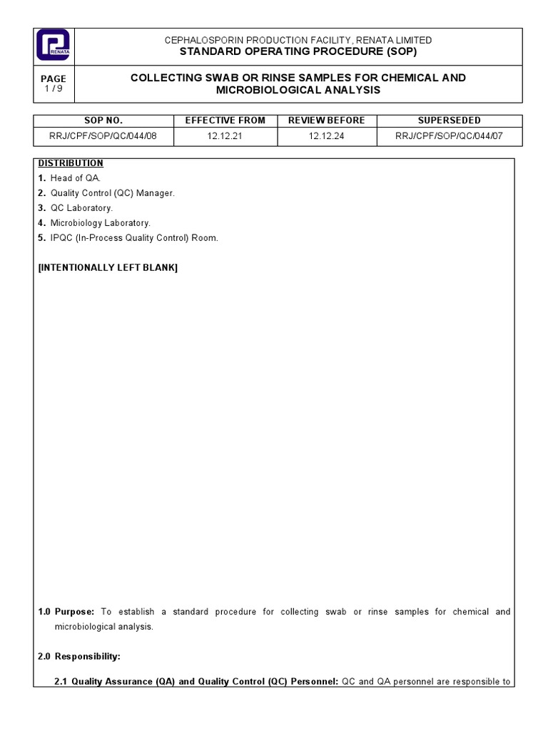 Standard Operating Procedure (Sop) Collecting Swab or Rinse Samples For ...