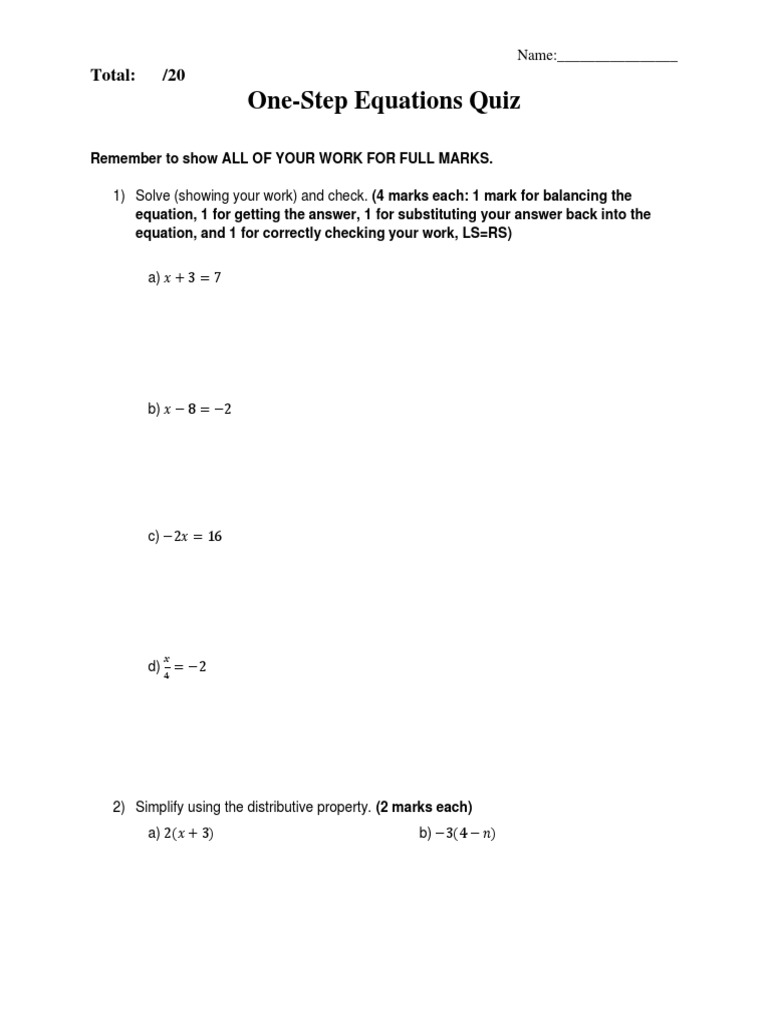 One-Step Equations Quiz | PDF