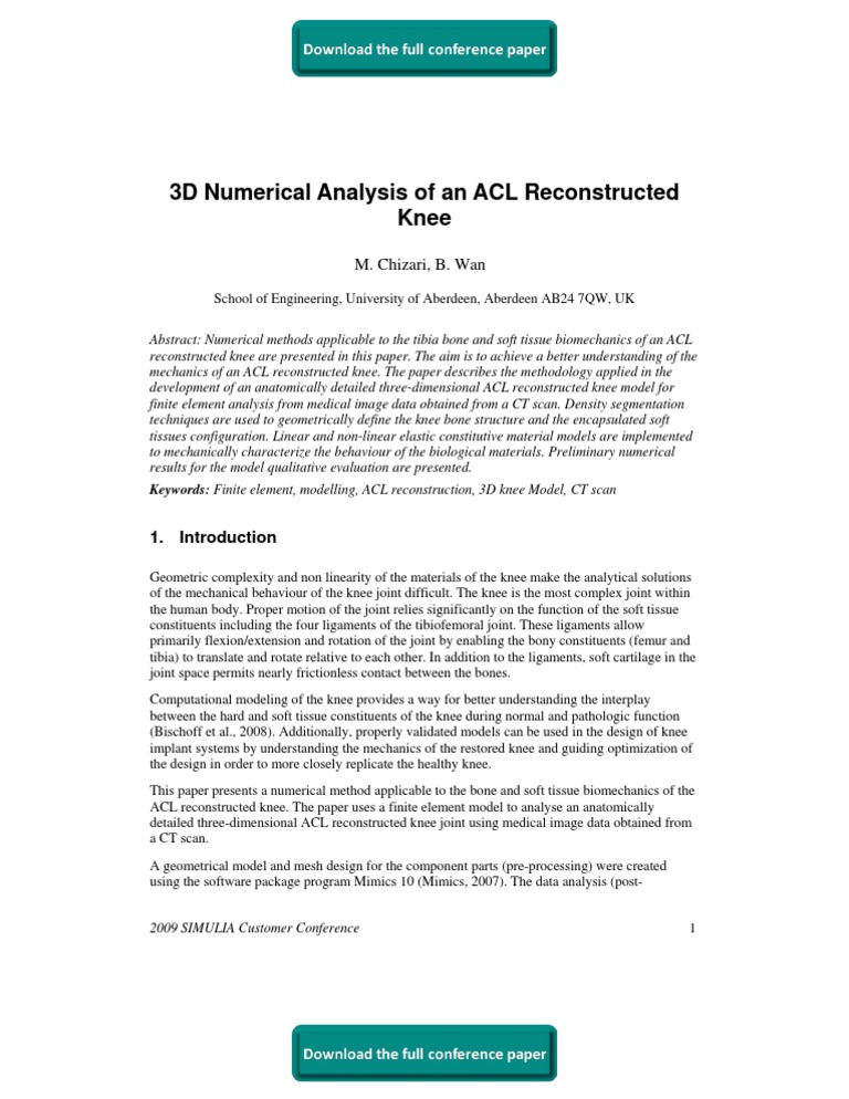 3D Numerical Analysis of An ACL Reconstructed Knee | PDF | Knee ...