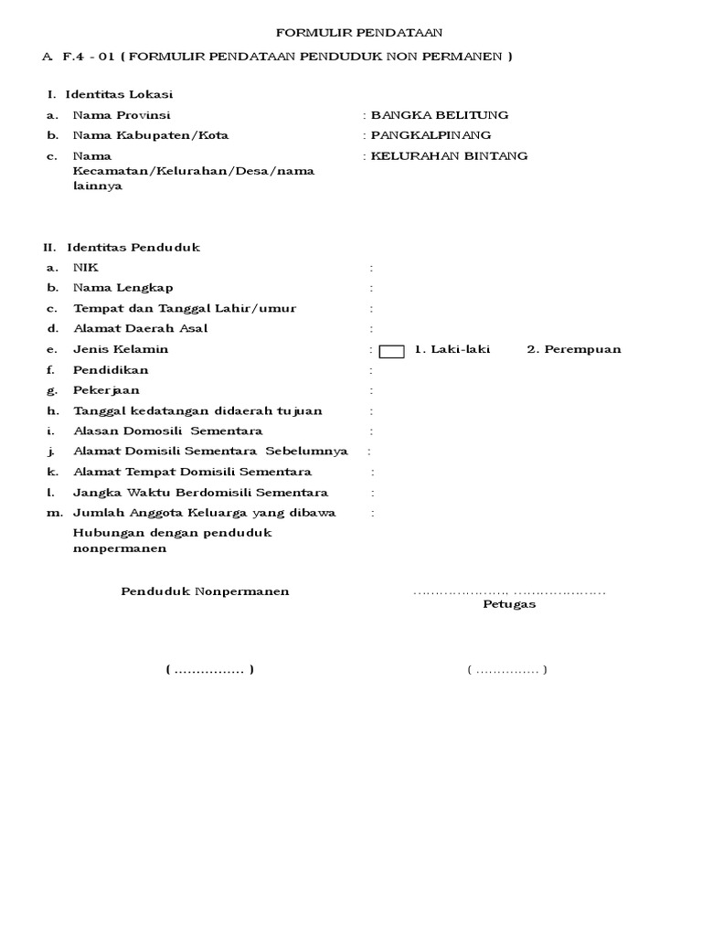 F 4 01 FORMULIR PENDATAAN PENDUDUK NON PERMANEN Dikonversi | PDF