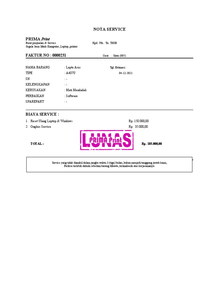Nota Service Laptop Asus 2021 | PDF