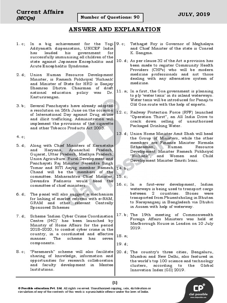 Answer and Explanation: Current Affairs | PDF