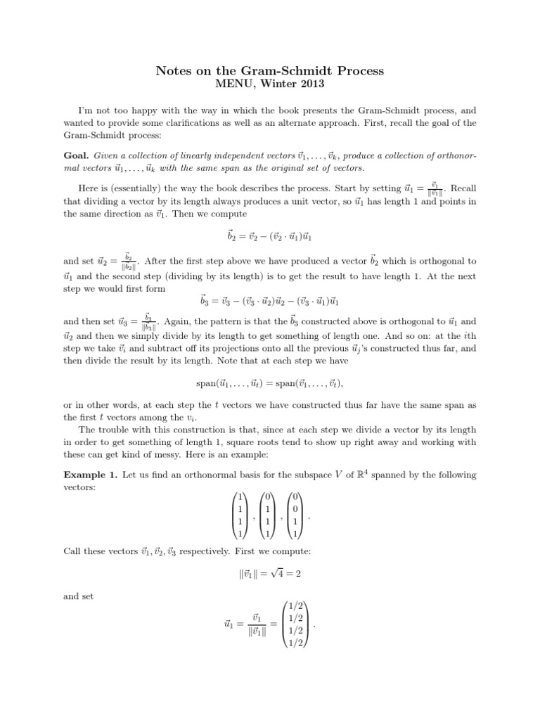 Notes On The Gram-Schmidt Process: MENU, Winter 2013 | PDF ...