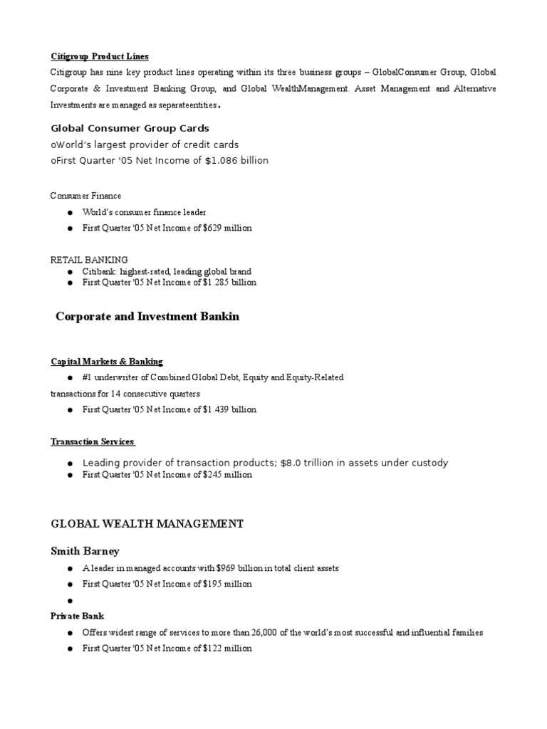 Corporate and Investment Bankin: Citigroup Product Lines | PDF ...