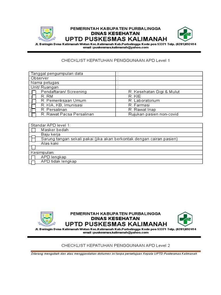 Checklist Pemakaian APD Puskesmas Kalimanah | PDF
