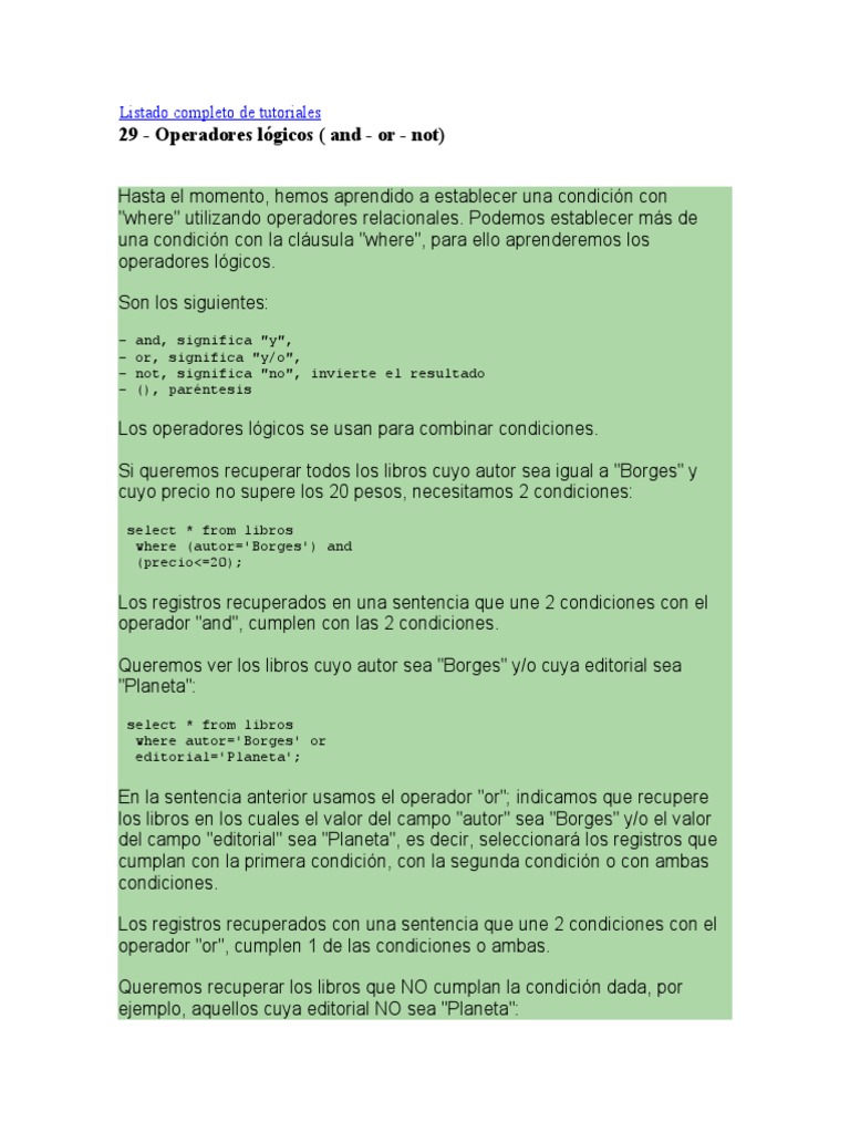 29 - Operadores Lógicos (And - or - Not) : Listado Completo de ...