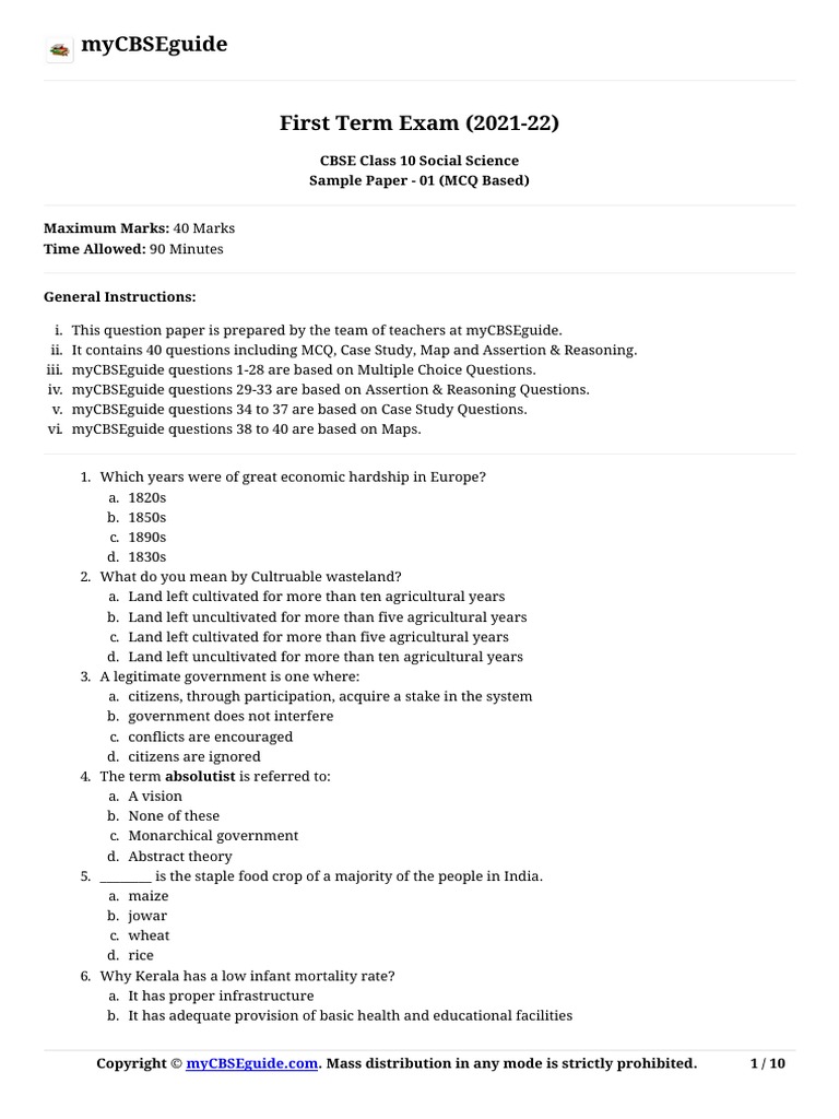 Mycbseguide: Cbse Class 10 Social Science Sample Paper - 01 (MCQ Based ...