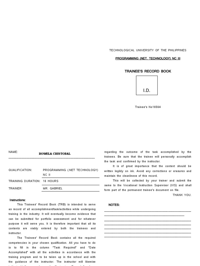 Trainee'S Record Book: Technological University of The Philippines Programming (Net. Technology ...