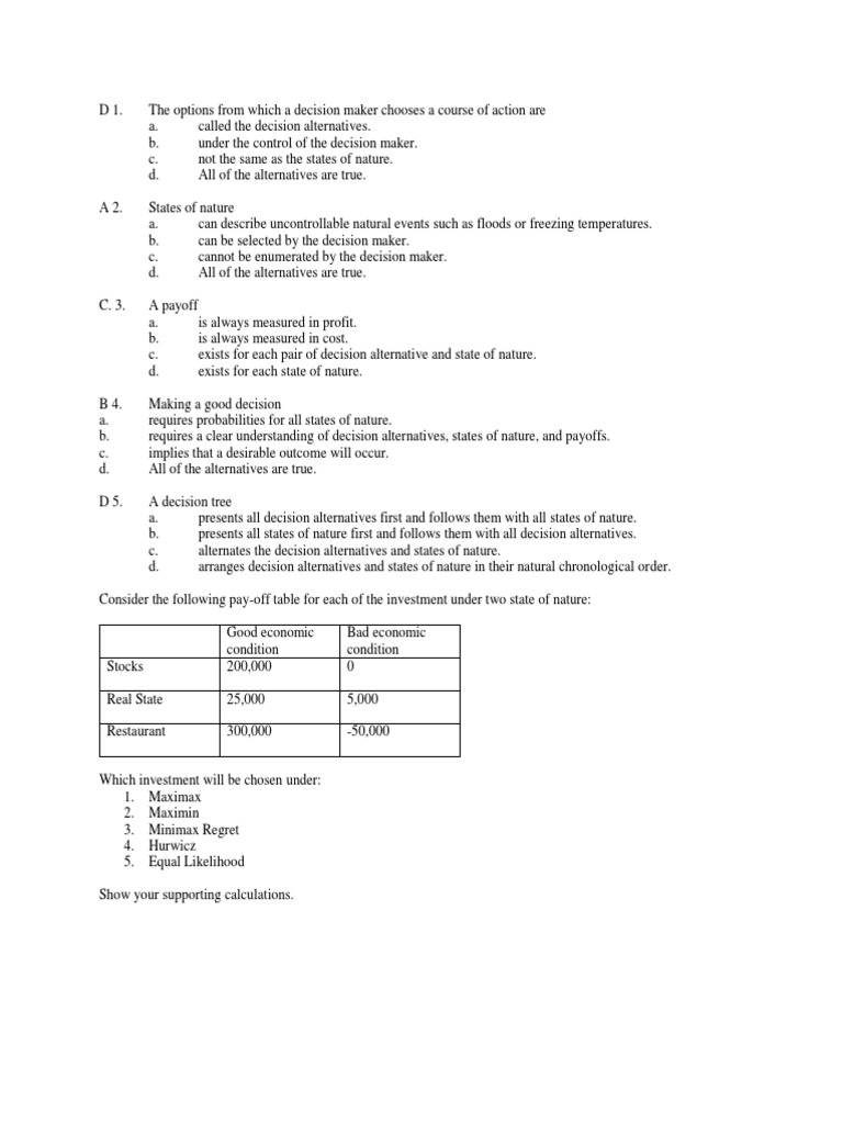 Decision Theory Quiz | PDF | Economics | Scientific Theories