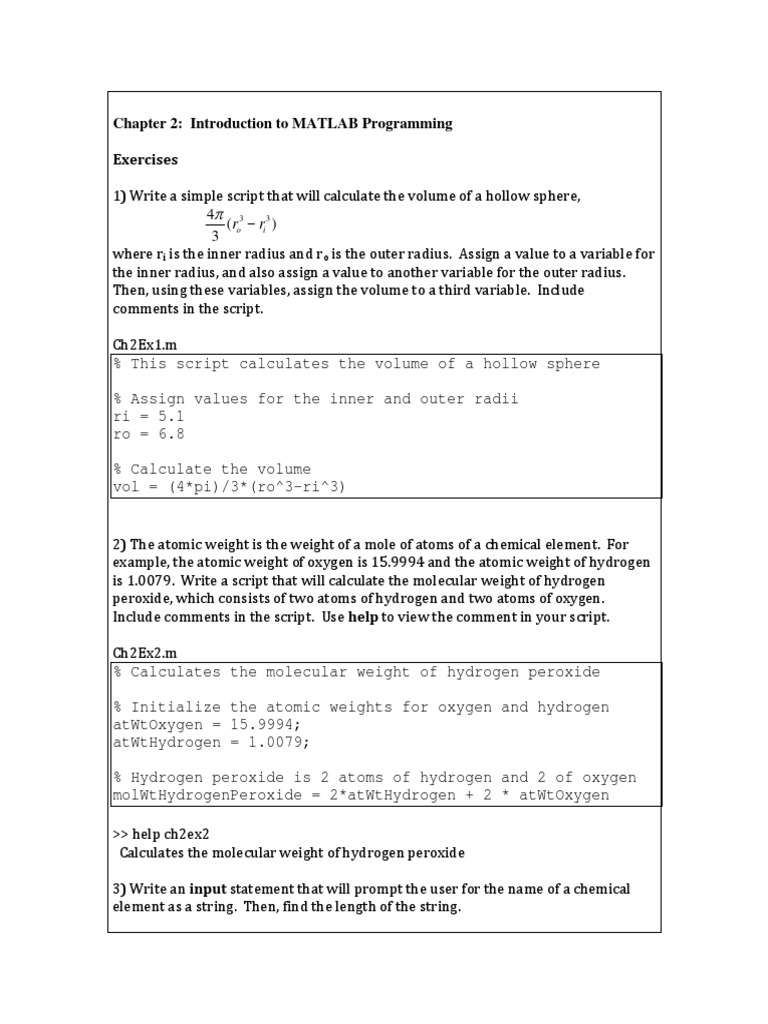 Chapter 2: Introduction To MATLAB Programming Exercises | PDF | Function (Mathematics) | Flow ...