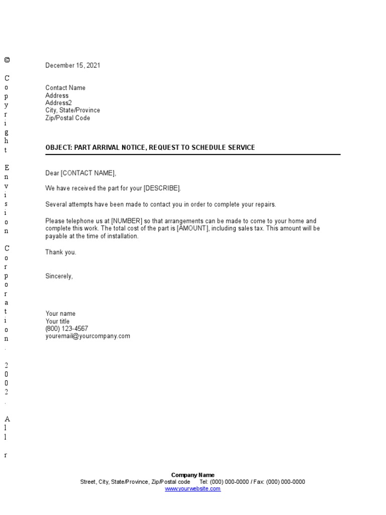 Part Arrival Notice and Service Scheduling | PDF | Law