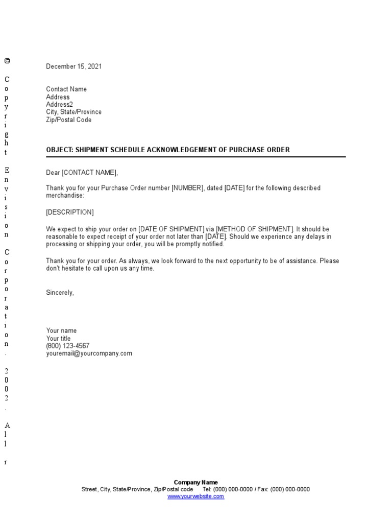 Shipment Schedule Acknowledgement of Purchase Order | PDF