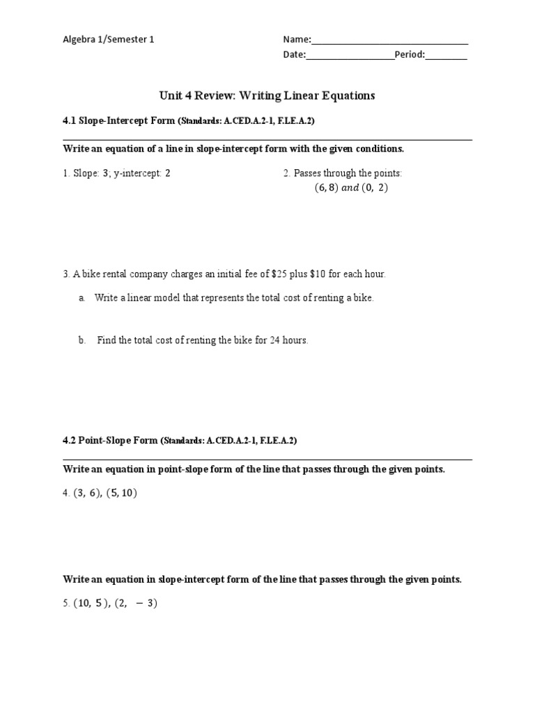 Algebra 1 Unit 4 Review: Writing Linear Equations | PDF | Slope ...