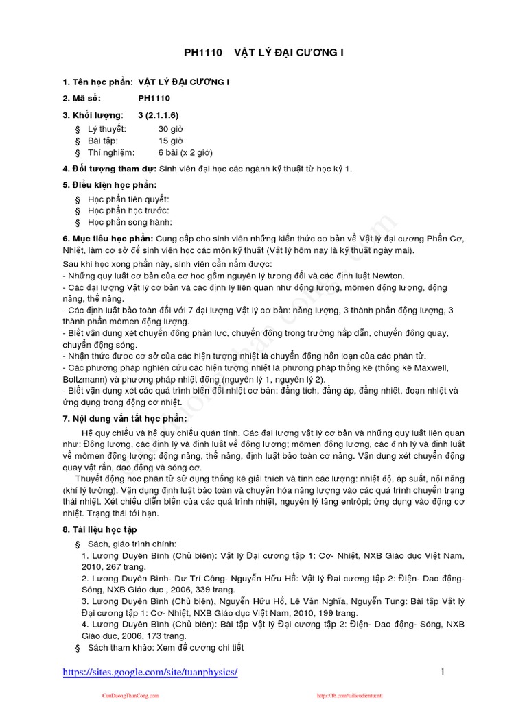 Vat Ly Dai Cuong 1 Do Ngoc Uan Noi Dung Hoc Phan VLDC 1 (Cuuduongthancong - Com) | PDF