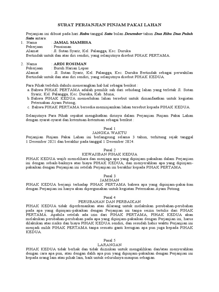 Surat Perjanjian Pinjam Pakai Lahan | PDF