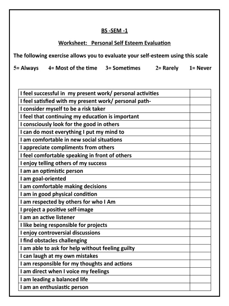 Personal Self-Esteem Evaluation Worksheet | PDF