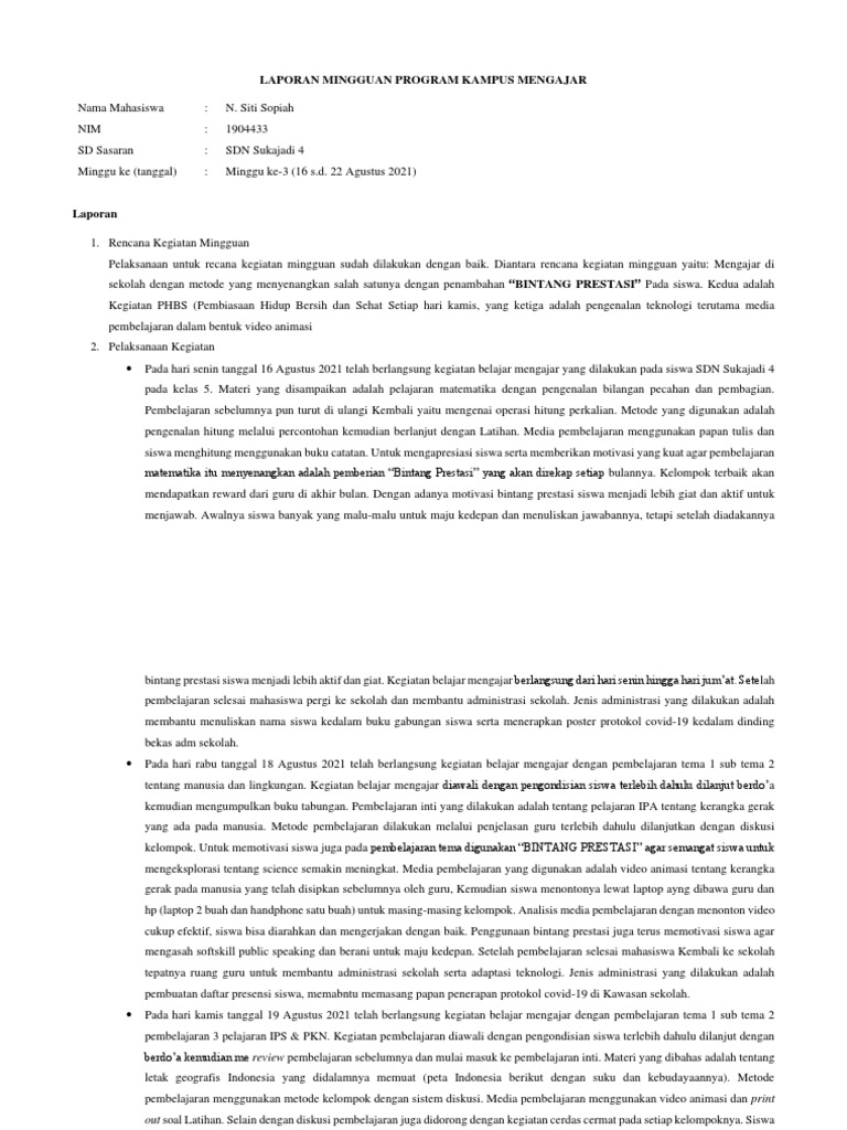 Laporan Minggu Ke - 3 - N Siti Sopiah | PDF